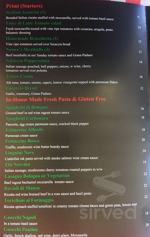 Ferraro Truly Italian menus in Airdrie, Alberta, Canada