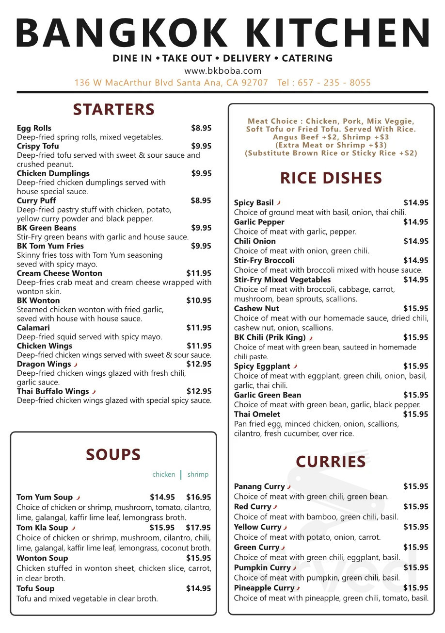 Bangkok Kitchen menu in Santa Ana, California, USA