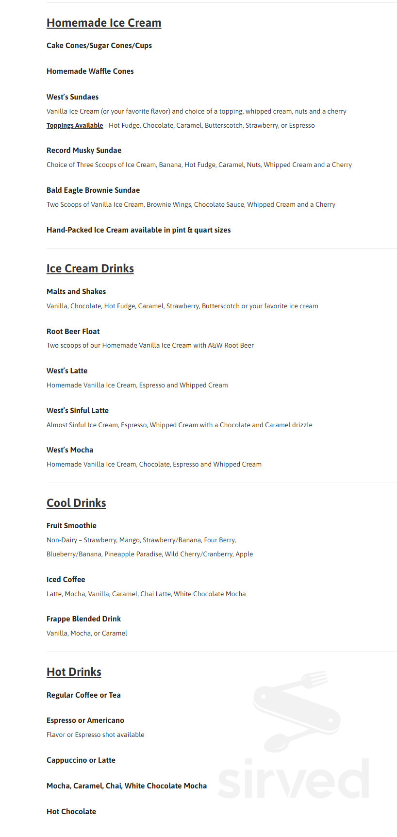 Menu - Hayward WI's West's Hayward Dairy | Sirved
