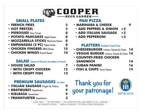 Cooper Beer Garden menu in Queens, New York, USA