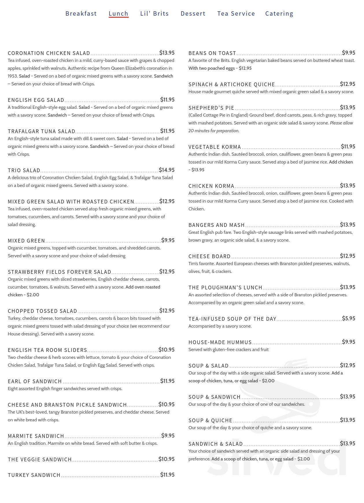 The English Tea Room & Eatery menu in Covington, Louisiana, USA