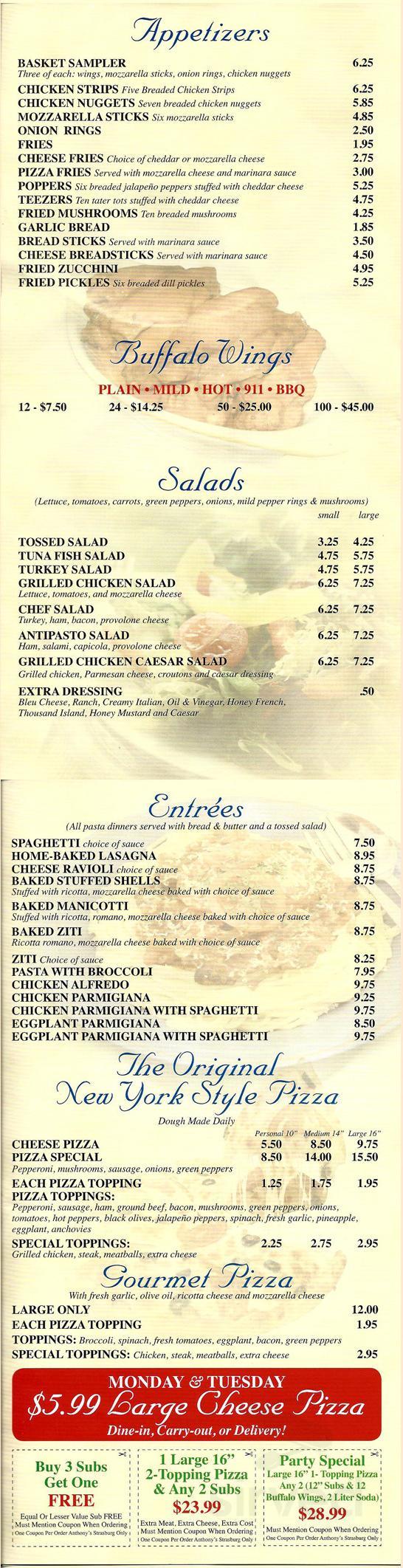 Menu for Anthony's Jr. Strasburg in Strasburg, VA | Sirved