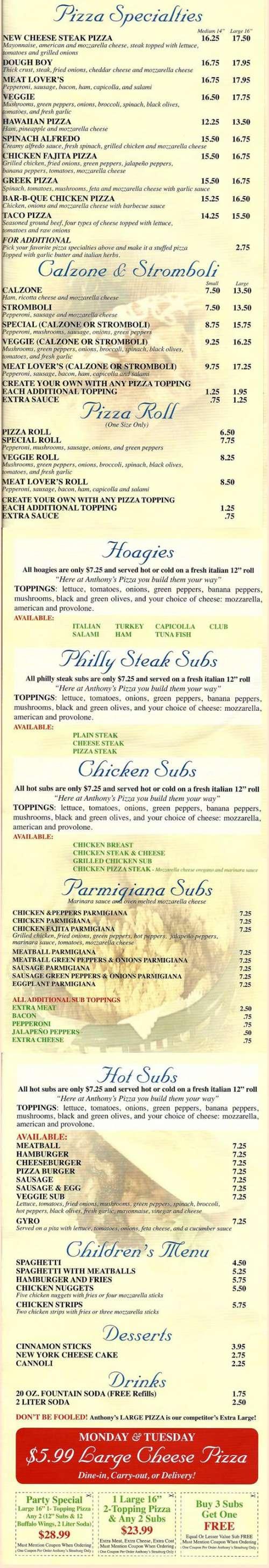 Anthony's Jr. Strasburg menu in Strasburg, Virginia, USA