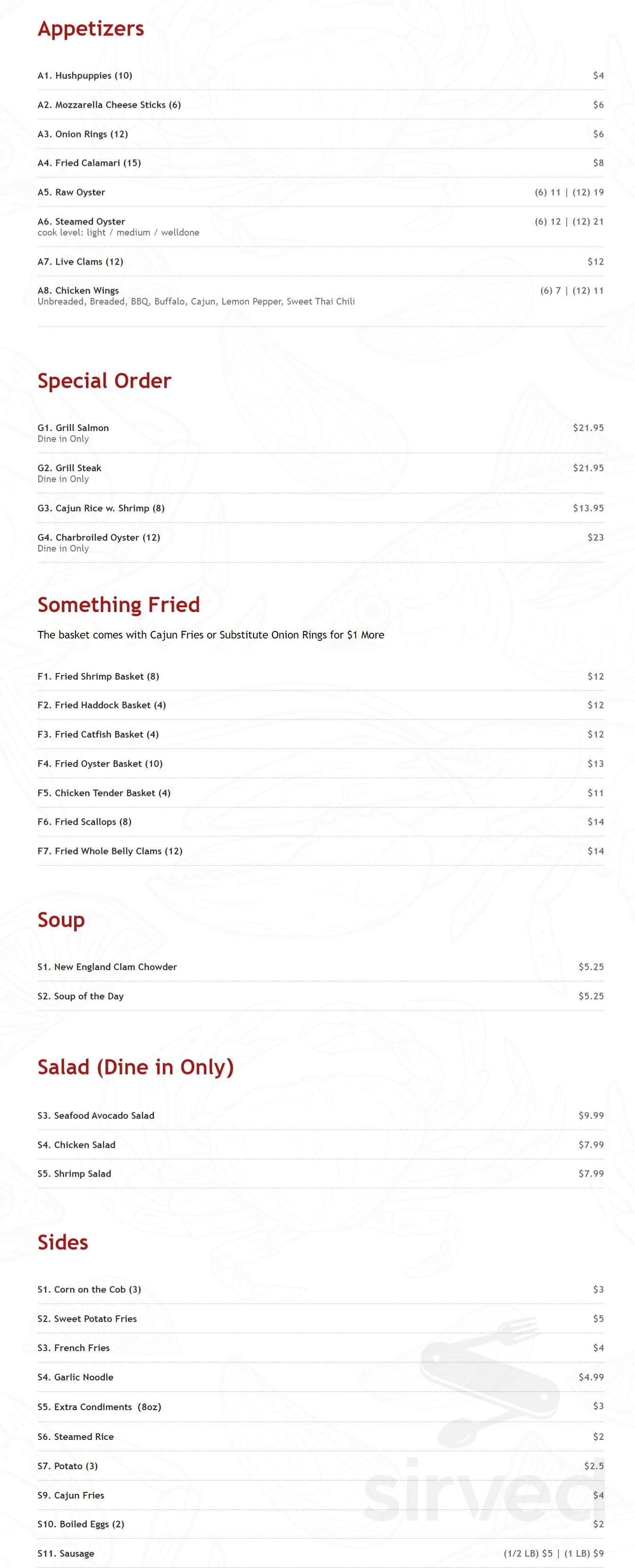 Sailors Seafood & Bar menu in Elmsford, New York, USA