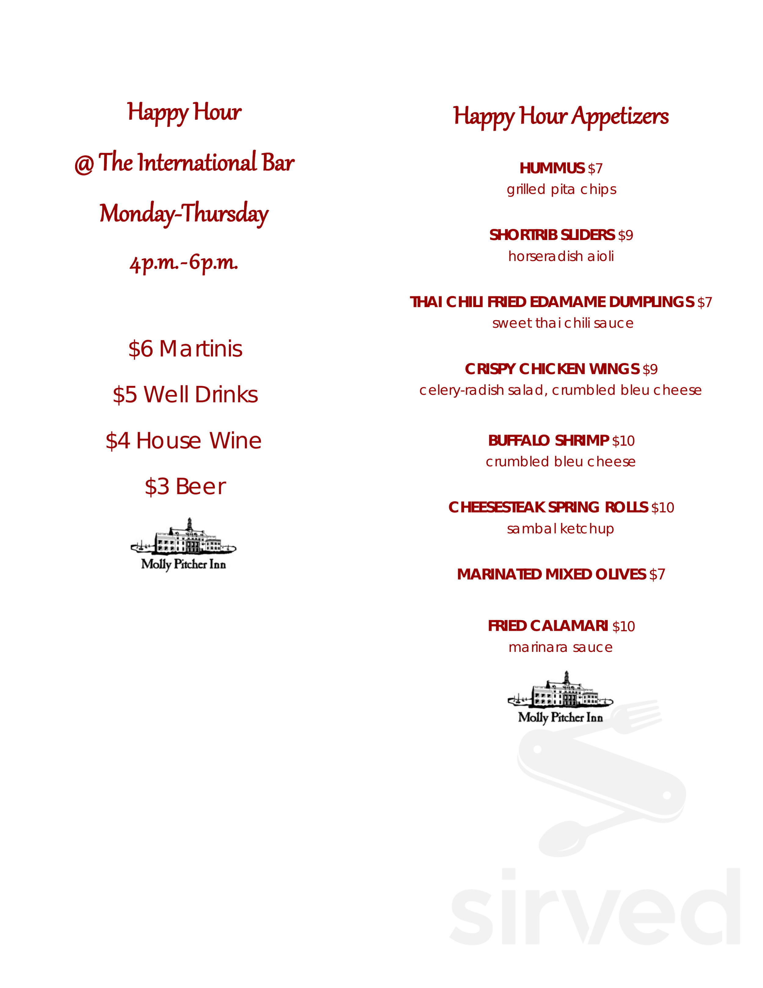 The Molly Pitcher Inn menu in Red Bank, New Jersey, USA