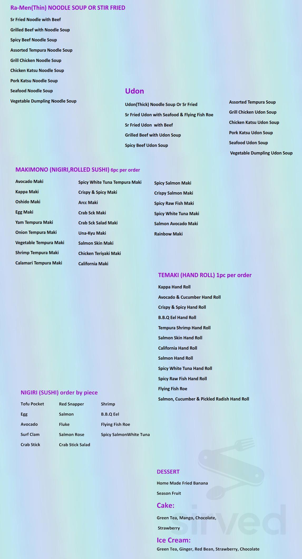 Menu - Stoughton MA's SuSu Sushi | Sirved