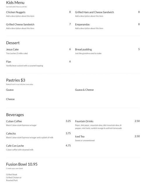 Miami Fusion Cafe 280 menu in Birmingham, Alabama, USA