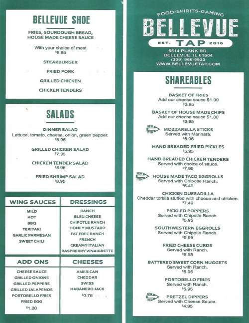 Bellevue Tap menu in Bellevue, Illinois, USA
