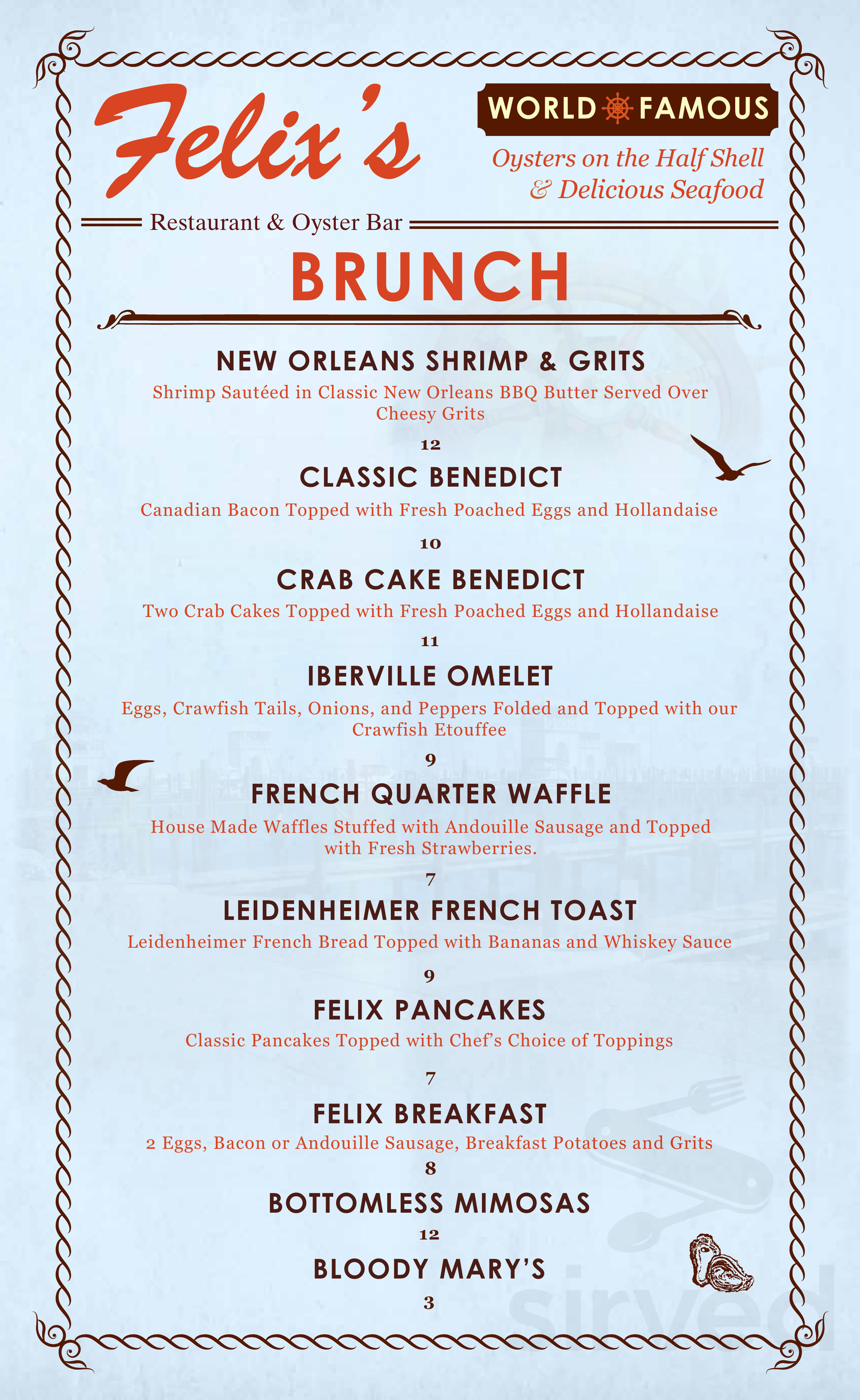 Felix's Restaurant & Oyster Bar menu in Gulfport, Mississippi, USA