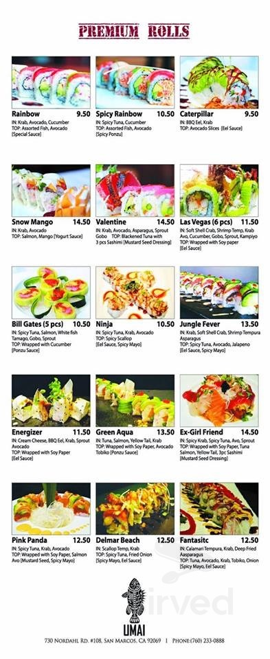 Umai Sushi menu in San Marcos, California, USA