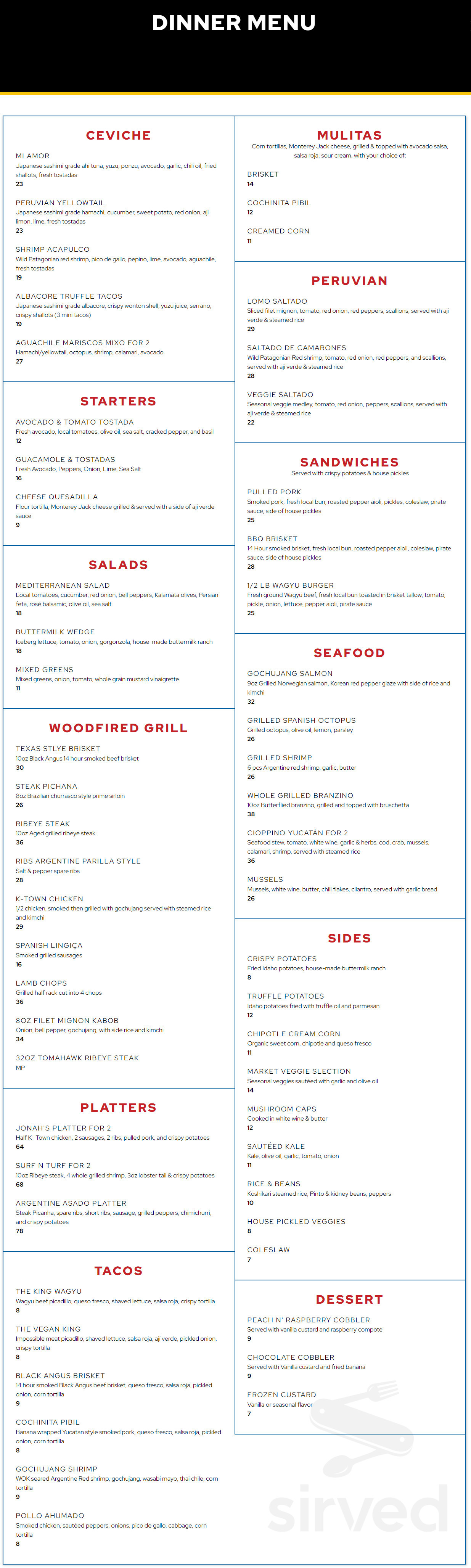 Jonah's Kitchen + Bar menu in Santa Monica, California, USA