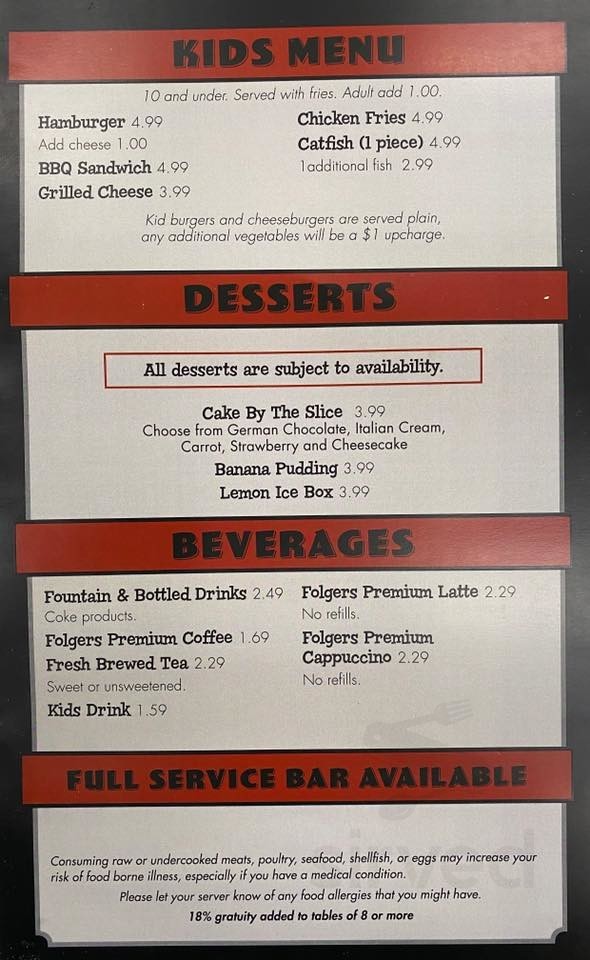 Menu for Hoots BBQ & Steaks in McGehee, Arkansas, United States