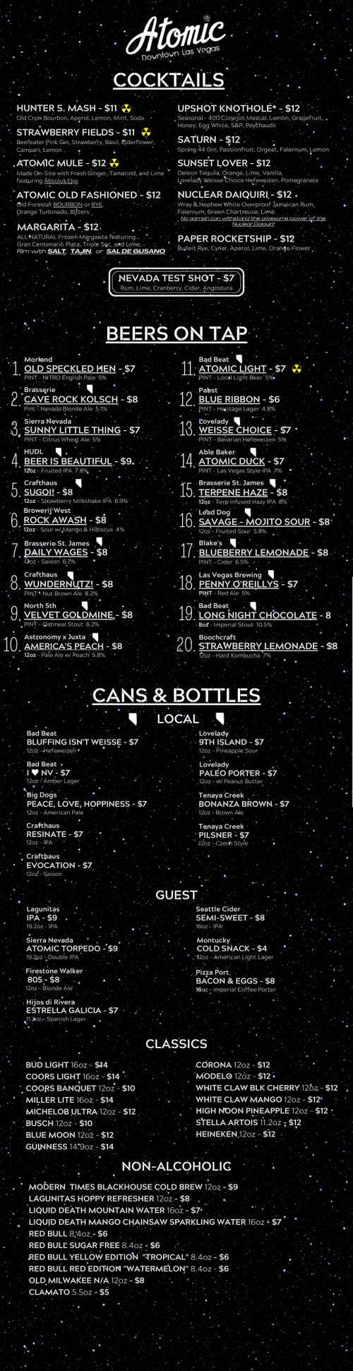 Atomic Liquors menu in Las Vegas, Nevada, USA
