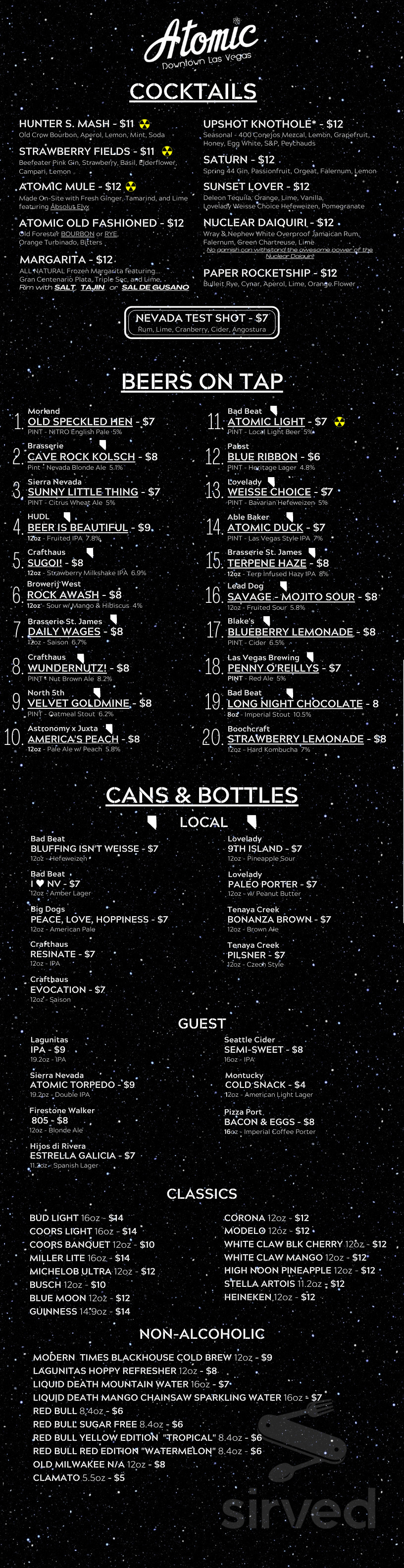 Atomic Liquors menu in Las Vegas, Nevada, USA
