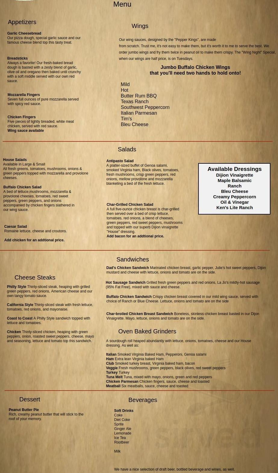 Menu - Bellefonte PA's Hofbrau | Sirved
