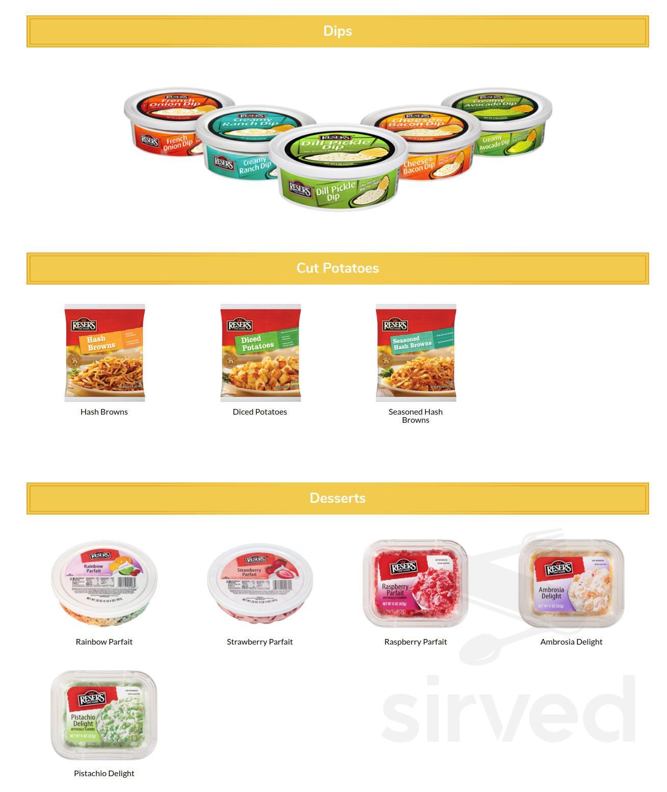 Menu for RESER'S Fine Foods Burrito Plant in Topeka, KS | Sirved