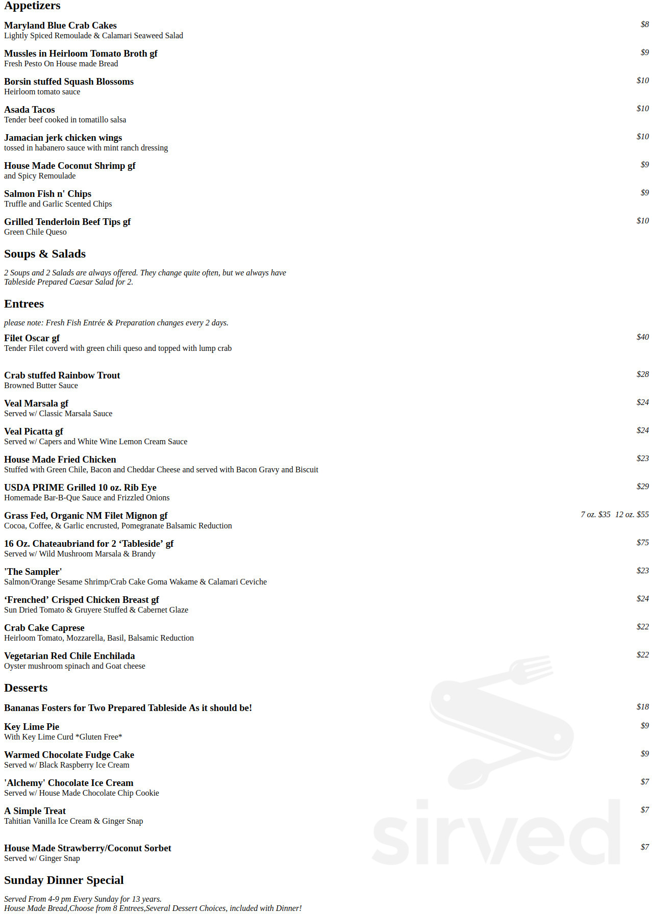 Menu for Dinner For Two Restaurant in Santa Fe in Santa Fe, NM | Sirved