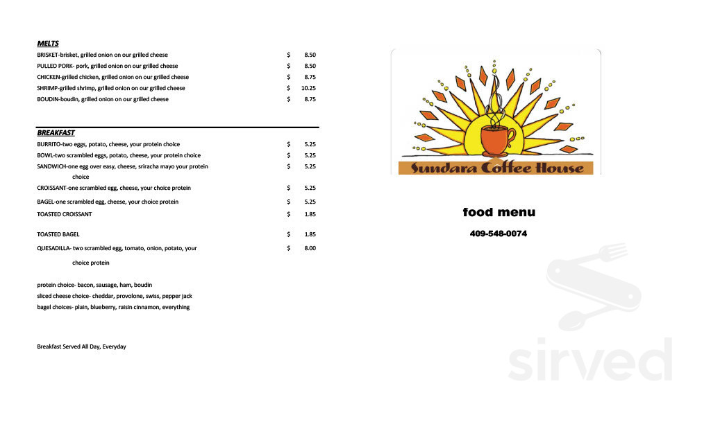 Sundara Coffee House and Grill menu in Groves, Texas, USA