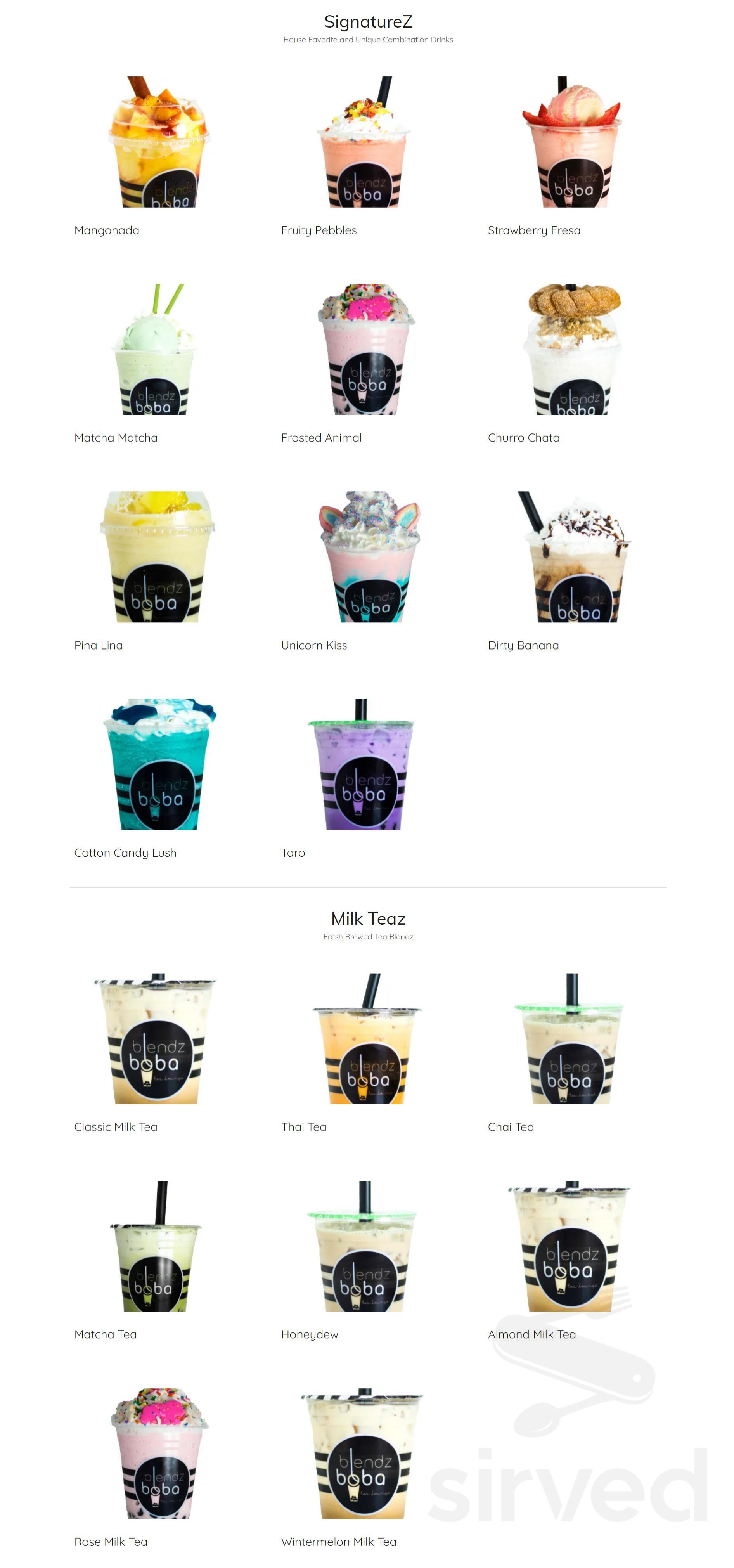 Blendz Boba Tea Lounge menu in Glendale, Arizona, USA