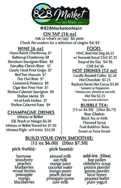 828 Market on Main menu in Waynesville, North Carolina, USA