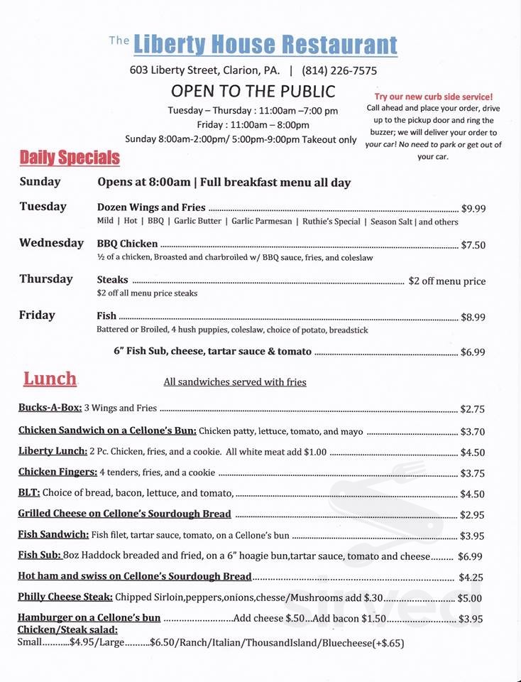 The Liberty House Restaurant menu in Clarion, Pennsylvania, USA