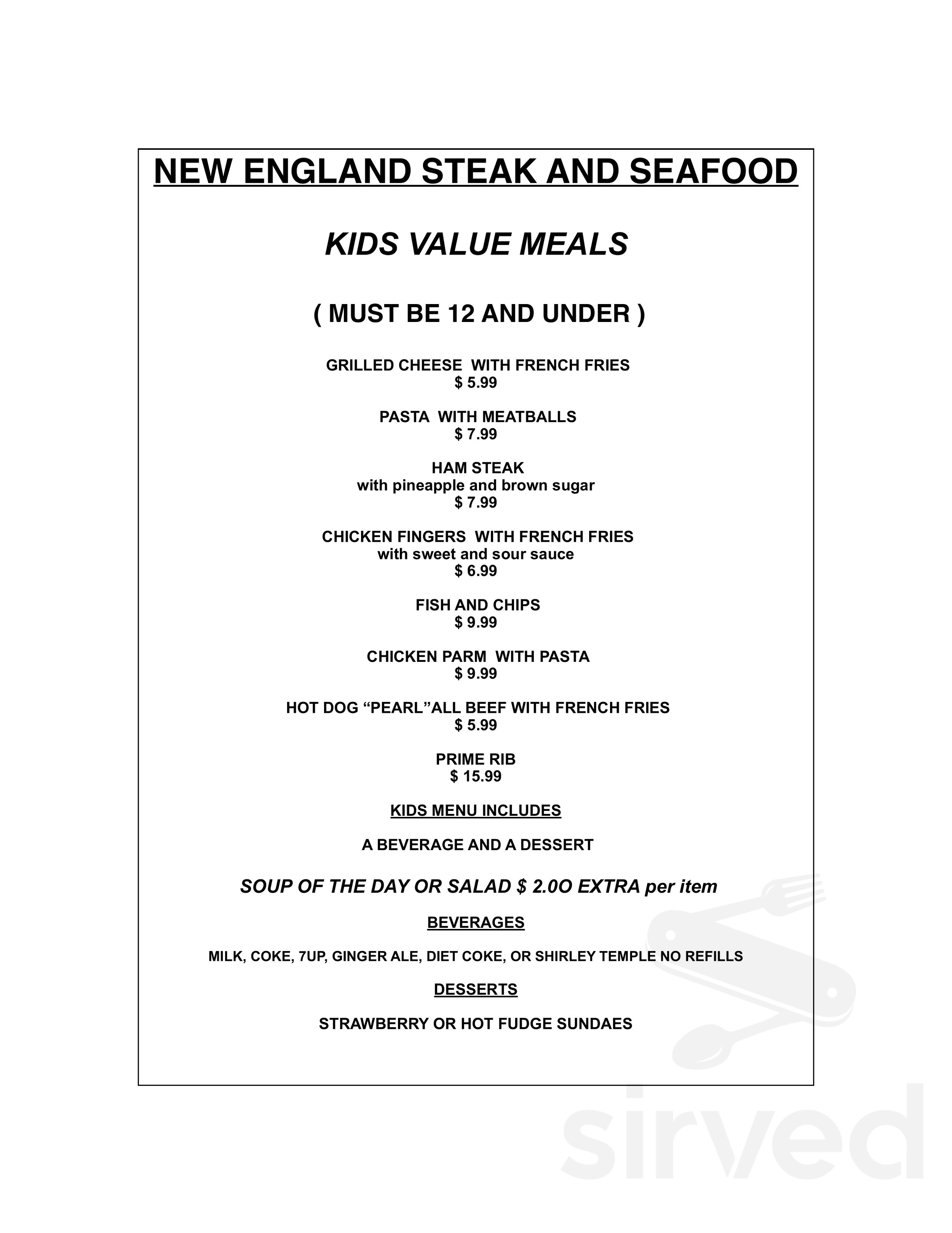 Menu for New England Steak & Seafood in Mendon, MA | Sirved