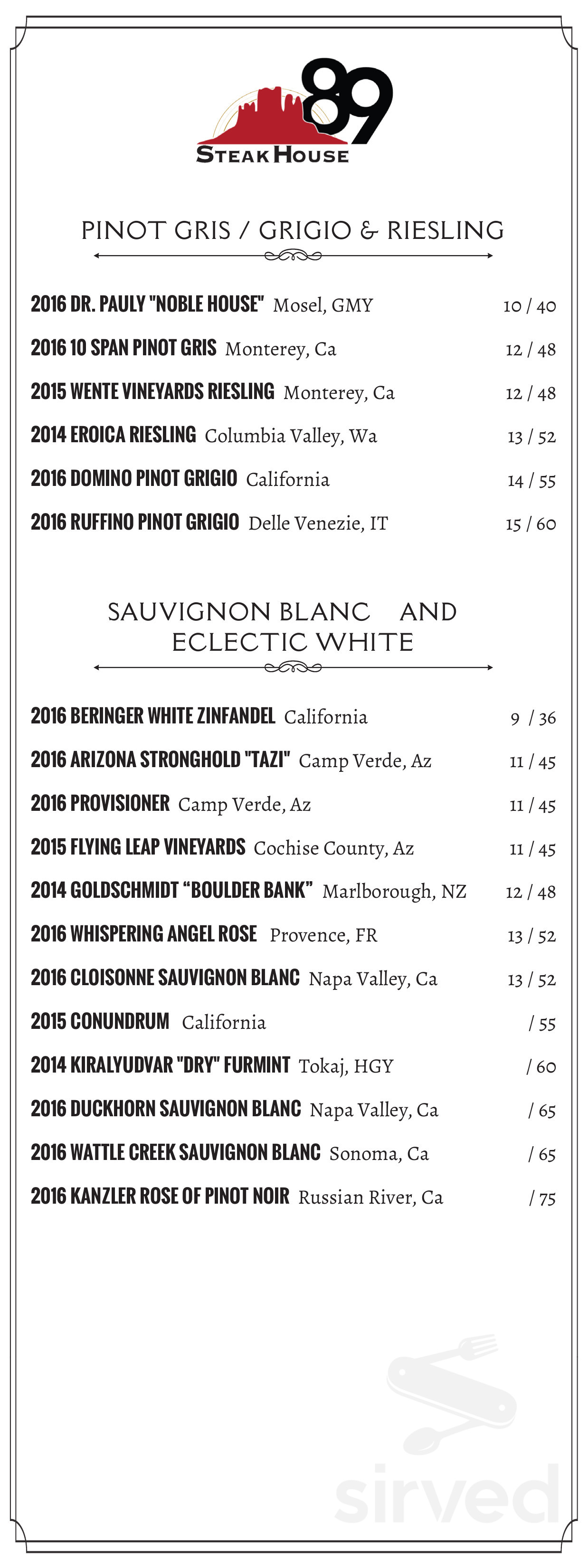 Steakhouse 89 menu in Sedona, Arizona, USA
