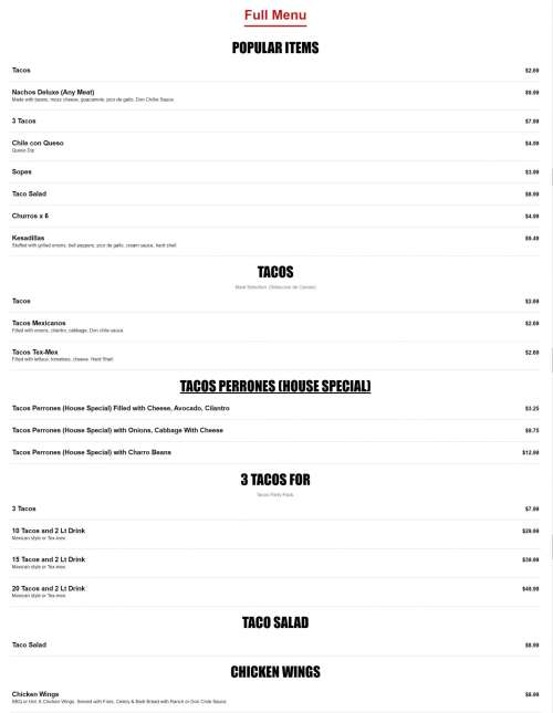 Tacos Don Chile menu in Baton Rouge, Louisiana, USA