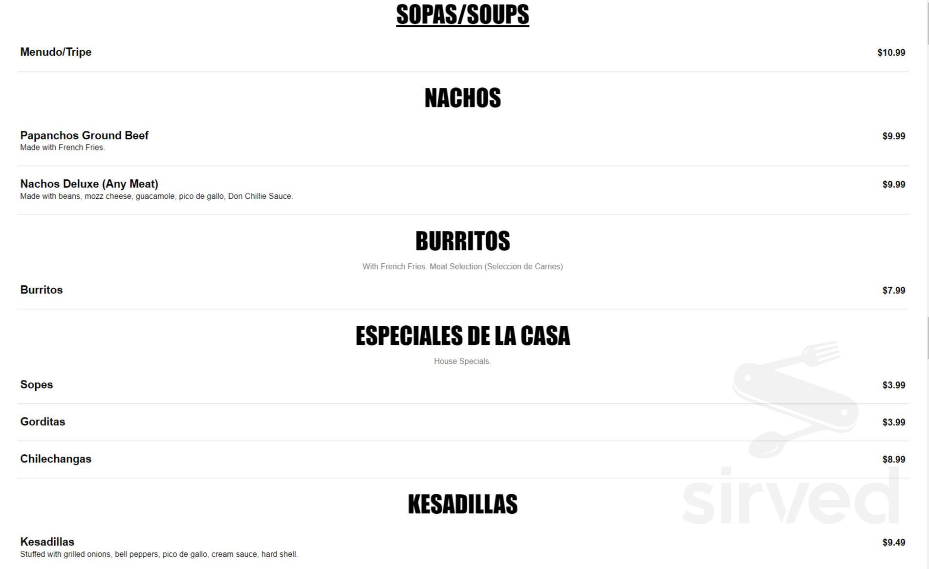 Tacos Don Chile menu in Baton Rouge, Louisiana, USA