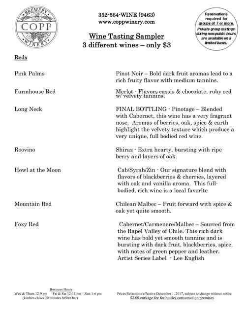 Copp Brewery, Winery & Prohibition Grill menu in Crystal River, Florida ...