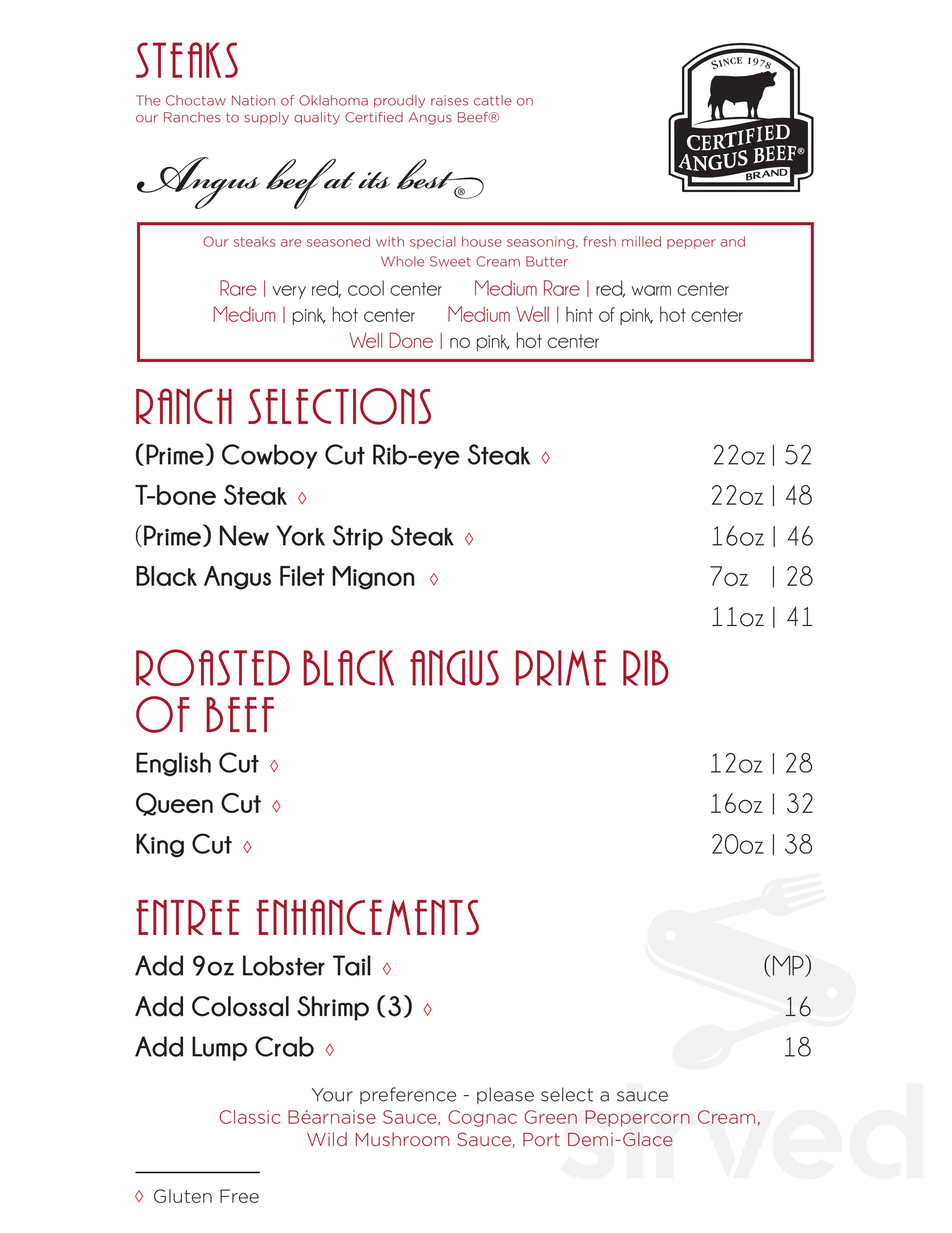 1832 Steakhouse menu in Durant, Oklahoma, USA