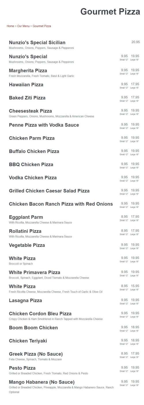 Nunzio's menu in Spotswood, New Jersey, USA