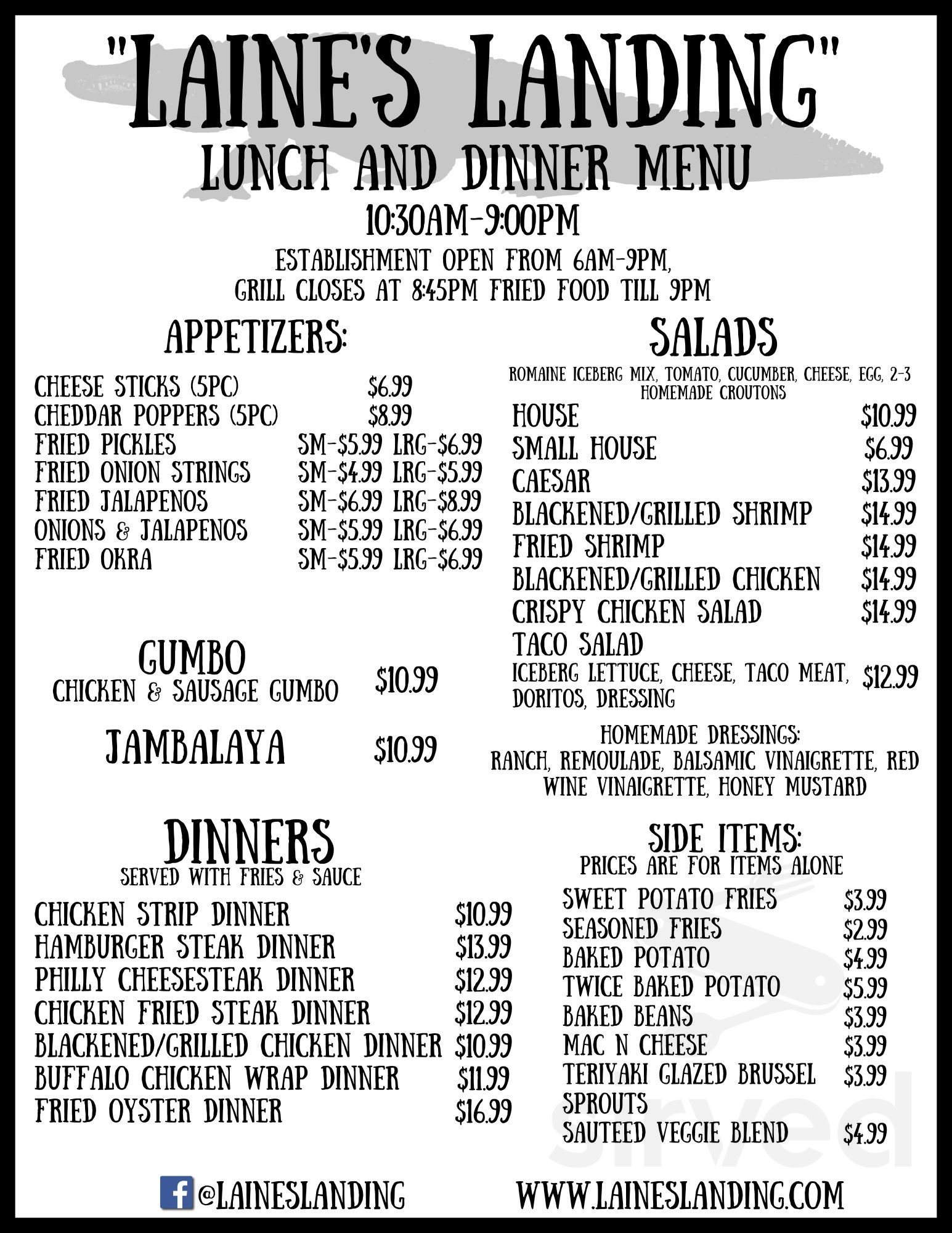 Laine's Landing menu in Jonesboro, Louisiana, USA