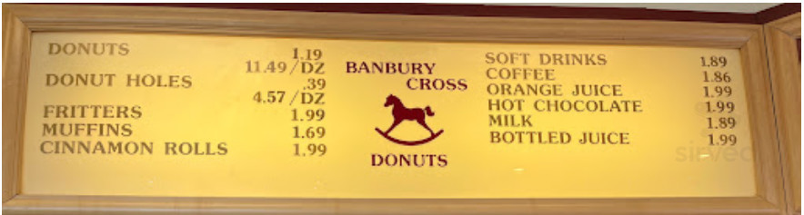 Banbury Cross Donuts menu in Salt Lake City, Utah, USA