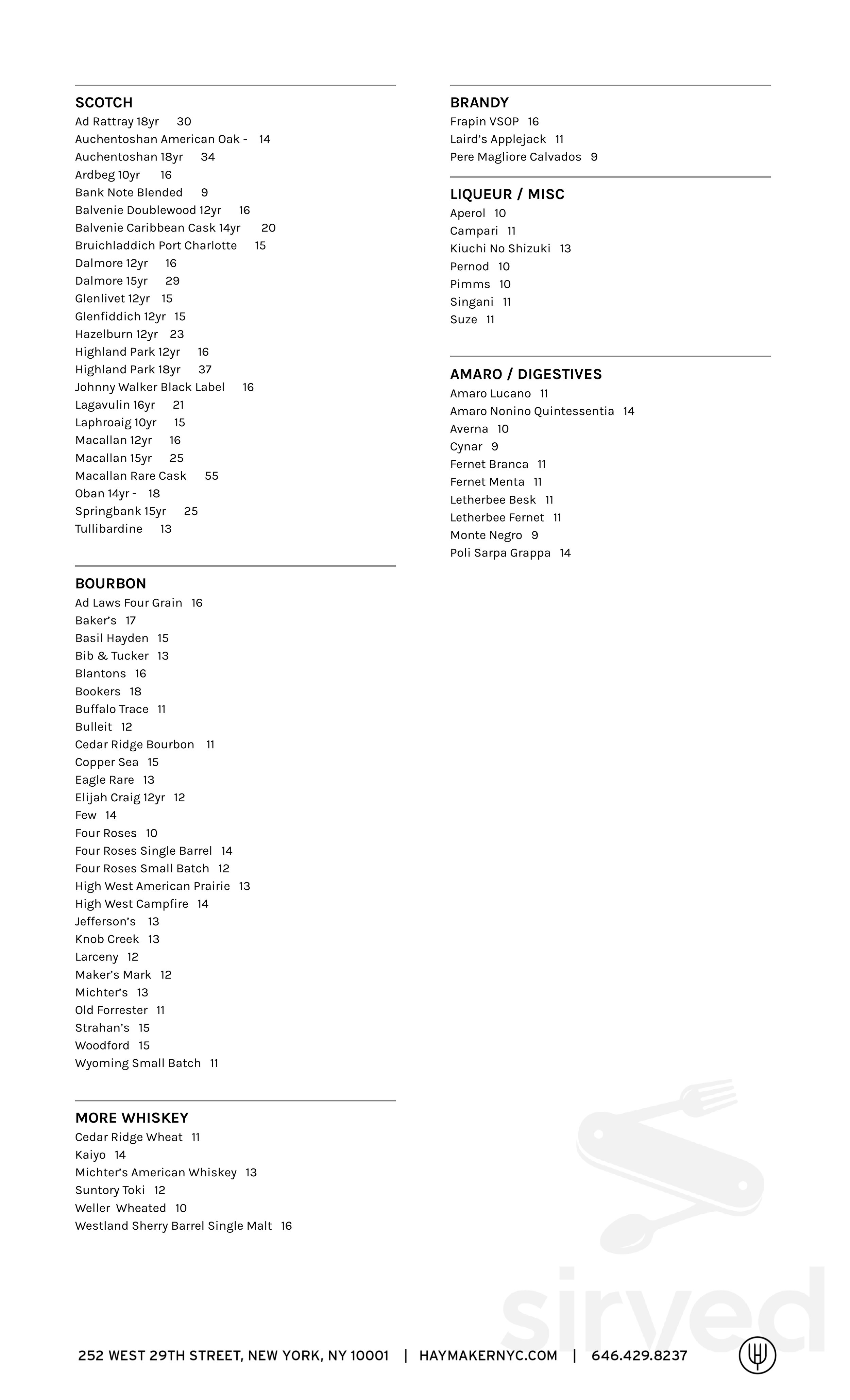 Menu - New York NY's Haymaker Bar and Kitchen | Sirved