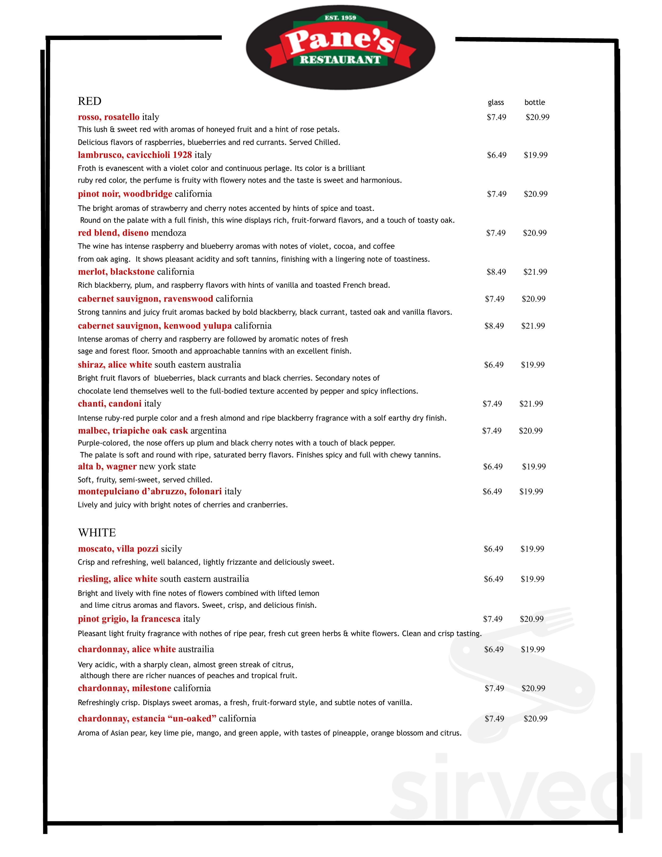 Menu for Pane's Restaurant in North Tonawanda, NY | Sirved