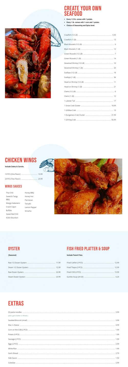 Cravin cajun seafood menu in Lakeland, Florida, USA