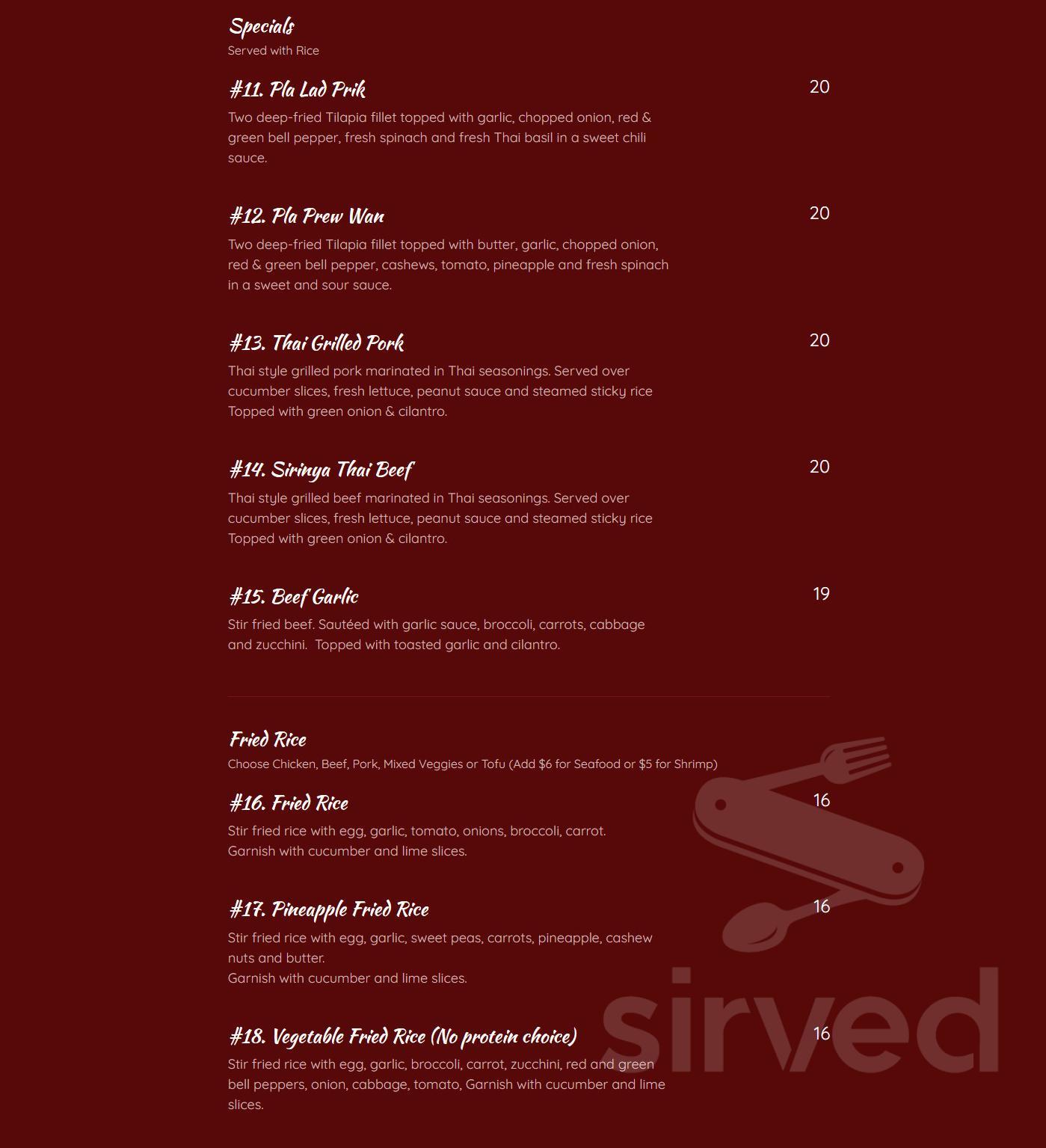 Sirinya's Thai Restaurant & Lounge menu in Airway Heights, Washington, USA