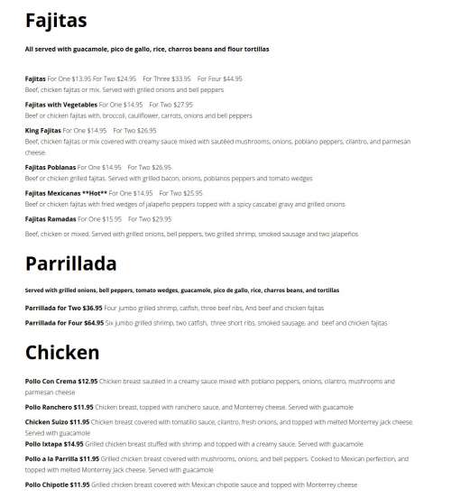 Las Ramadas Mexican Grill & Bar menu in Spring, Texas, USA
