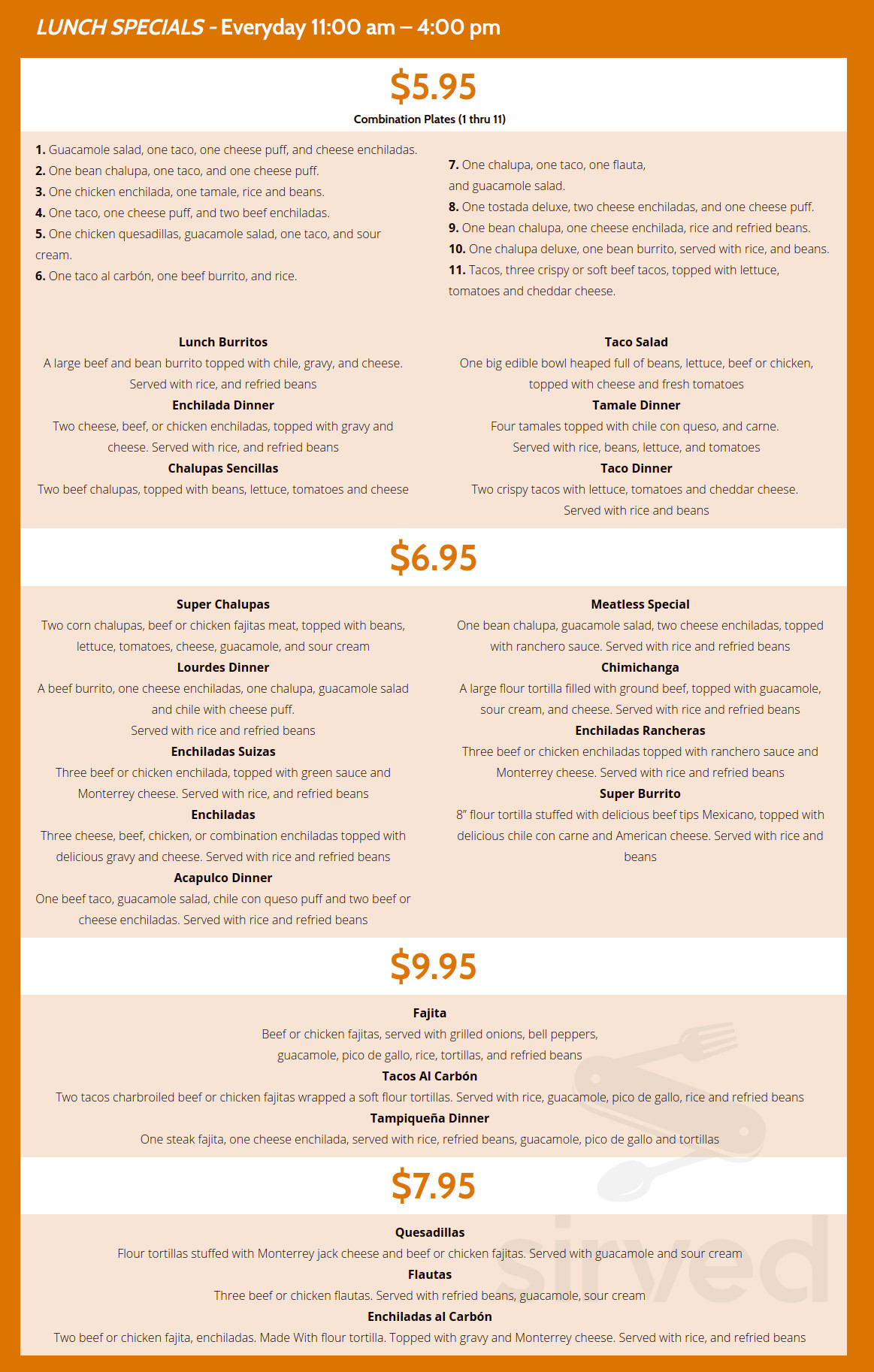 Las Ramadas Mexican Grill & Bar menu in Spring, Texas, USA
