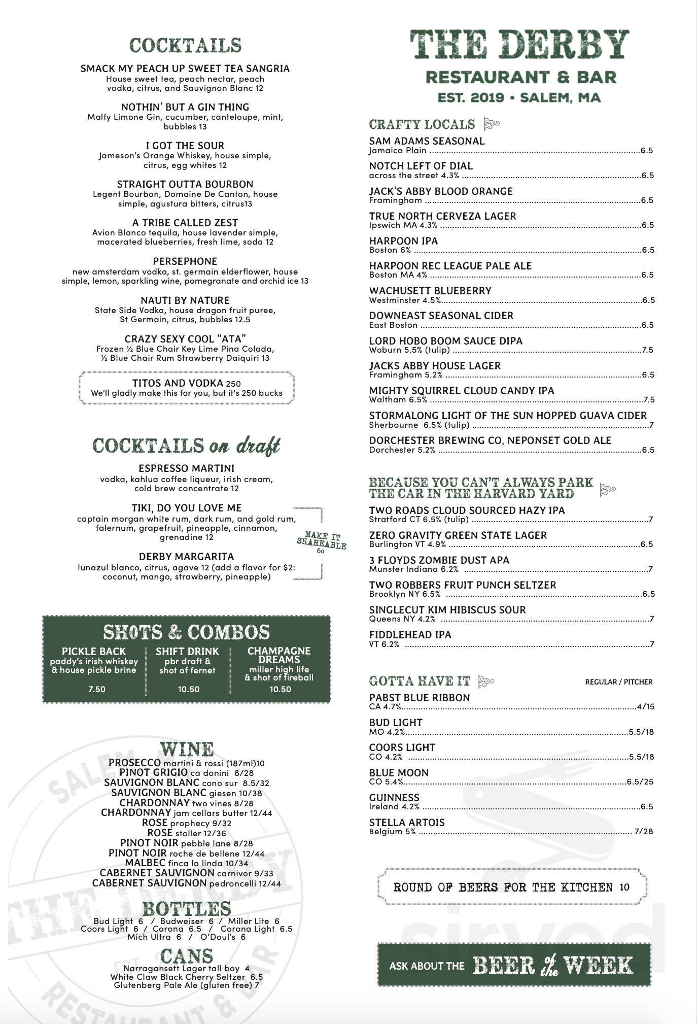 The Derby Restaurant & Bar menu in Salem, Massachusetts, USA