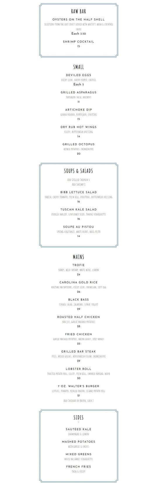 Walter's menu in Brooklyn, New York, USA