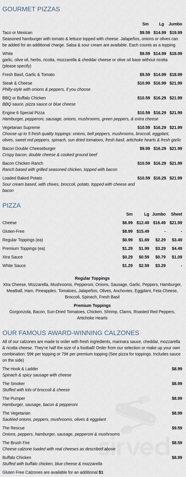 Menu - Norwich CT's Engine no 6 Pizza | Sirved