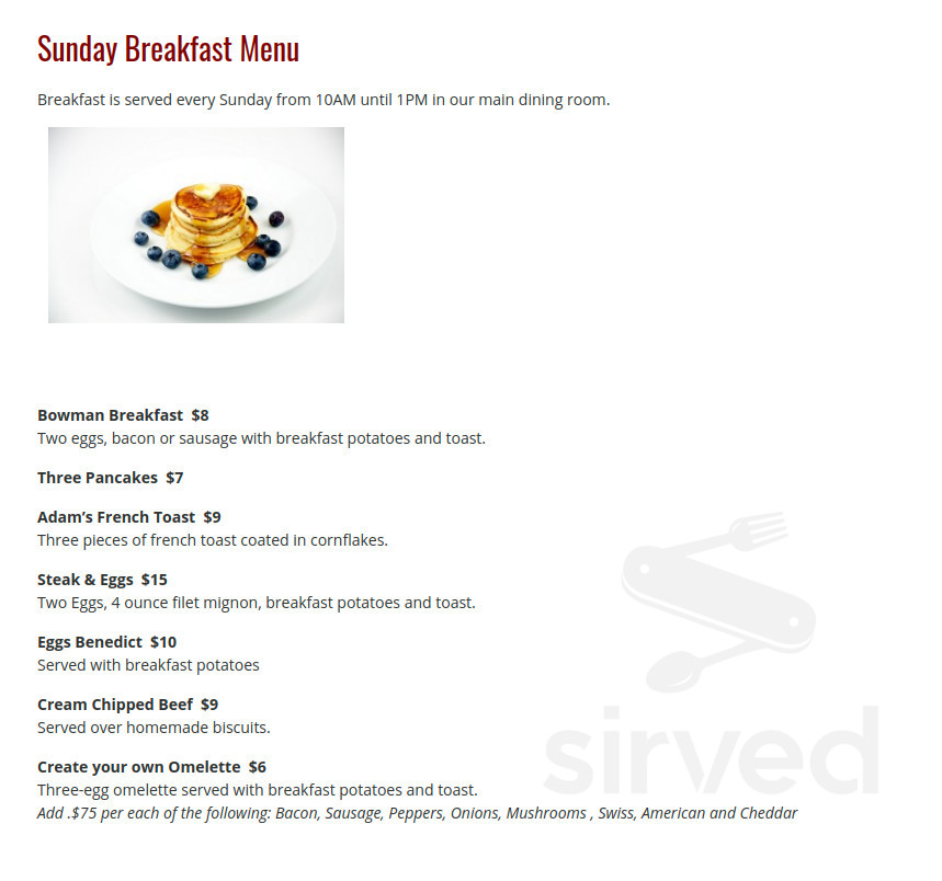 Bowman Restaurant menu in Parkville, Maryland, USA