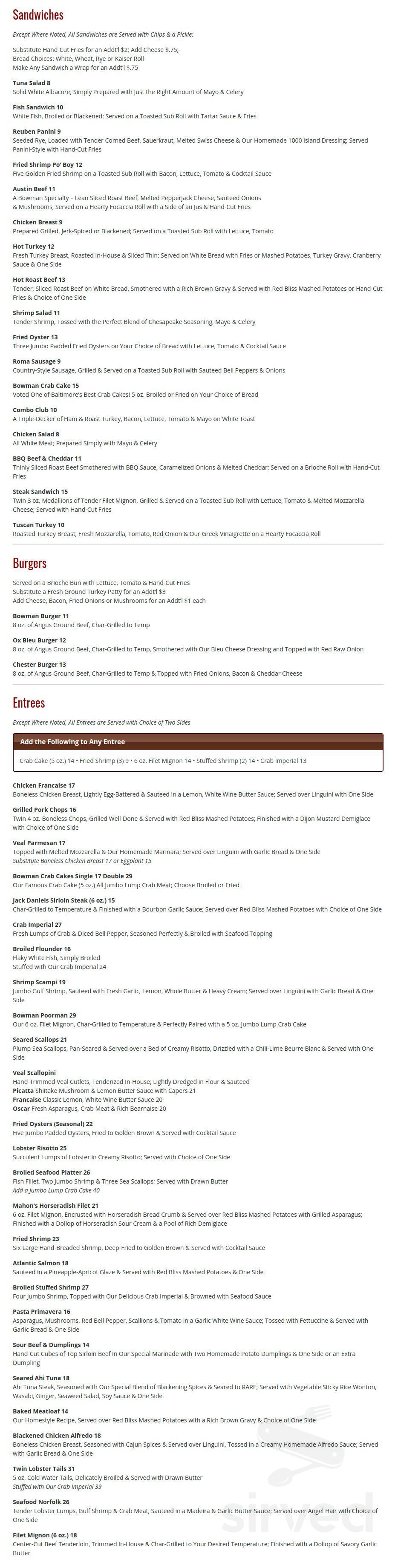 Bowman Restaurant menu in Parkville, Maryland, USA