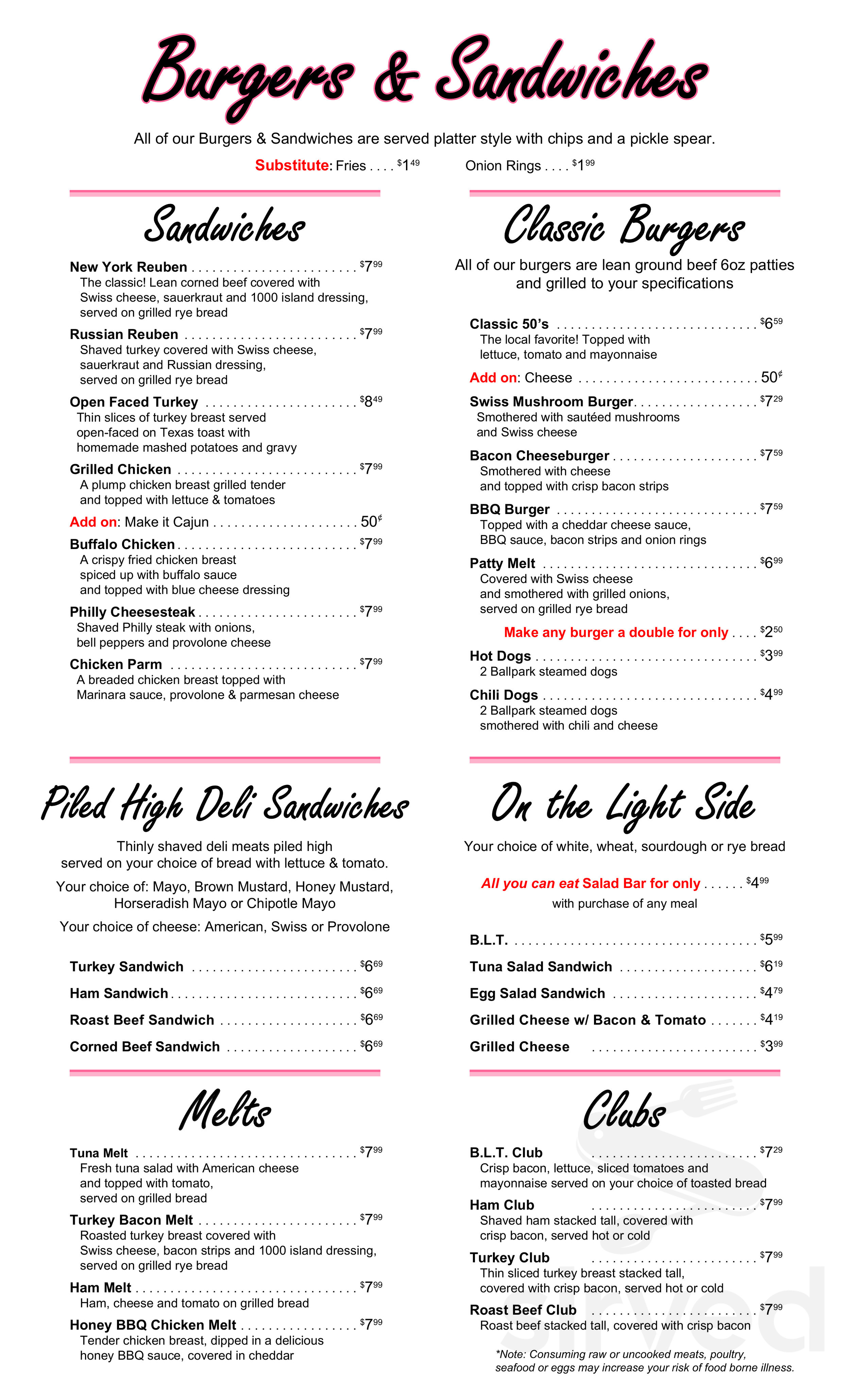 Fifties Diner menu in Chicopee, Massachusetts, USA
