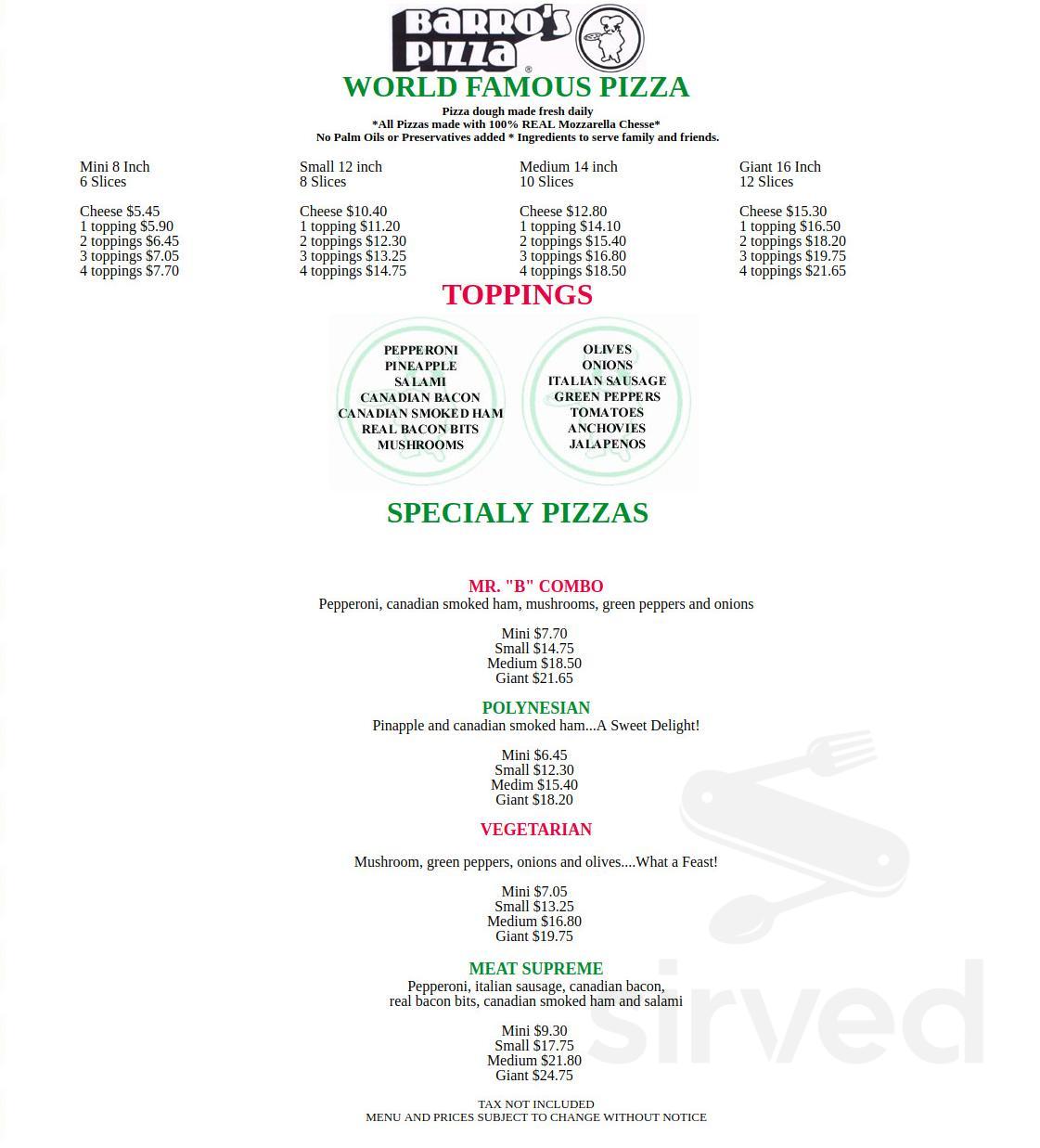 Barro's Pizza menu in Whittier, California, USA