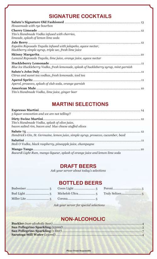 Salute menu in Rocky Hill, Connecticut, USA