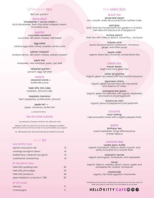Hello Kitty Café menu in Irvine, California, USA