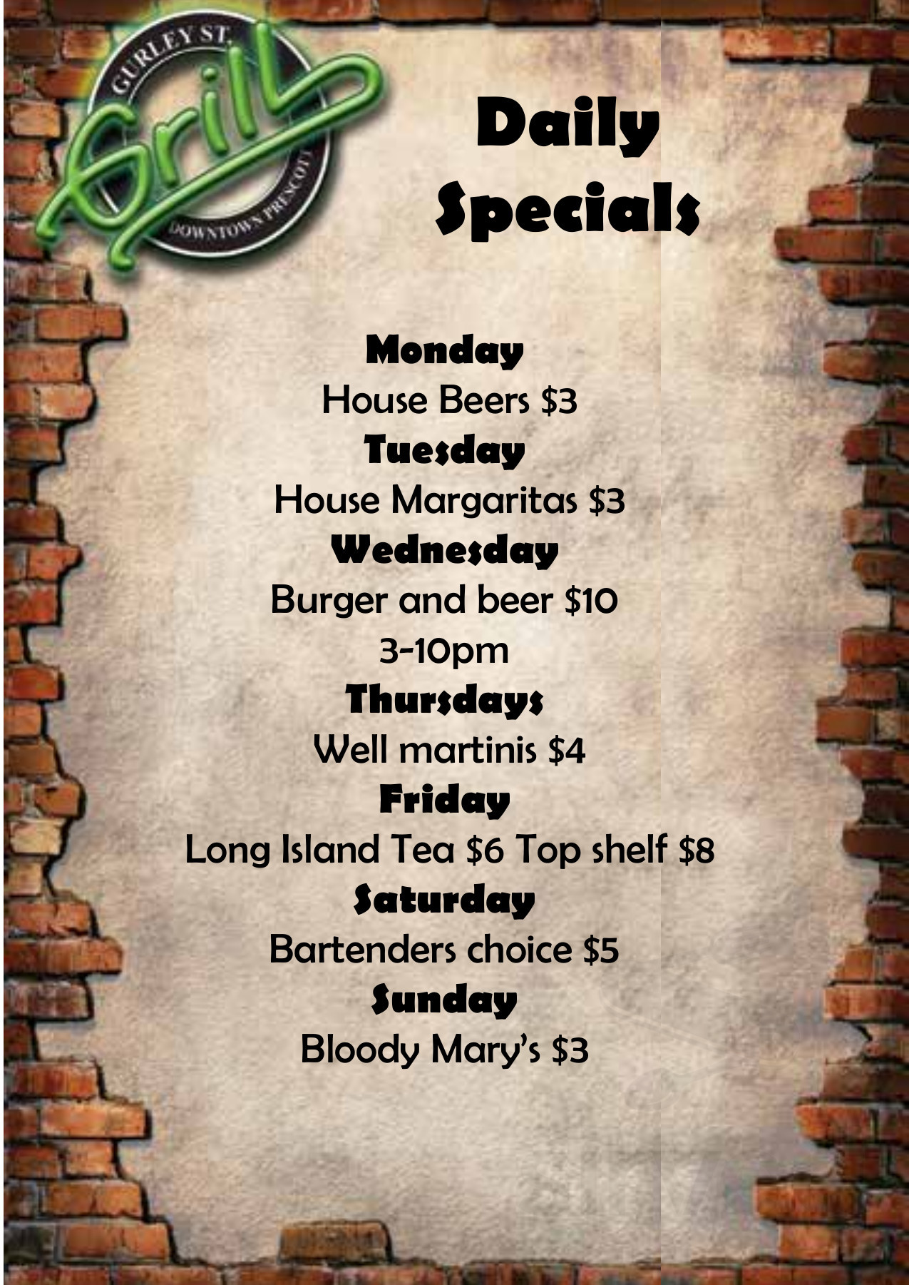 Gurley St Grill menu in Prescott, Arizona, USA